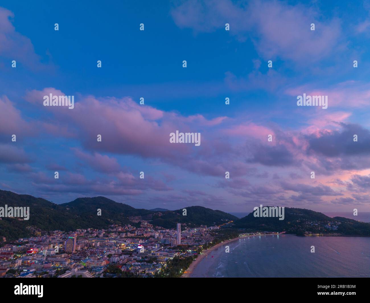 Aerial view of a building in Patong city at twilight. scene romantic ...
