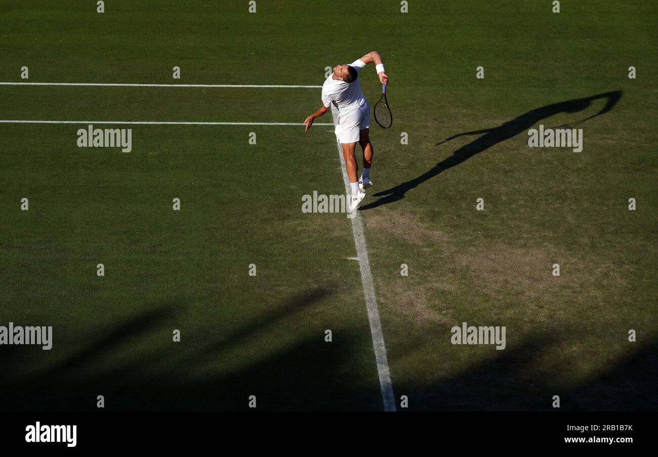 Laslo Djere in action on day four of the 2023 Wimbledon Championships ...