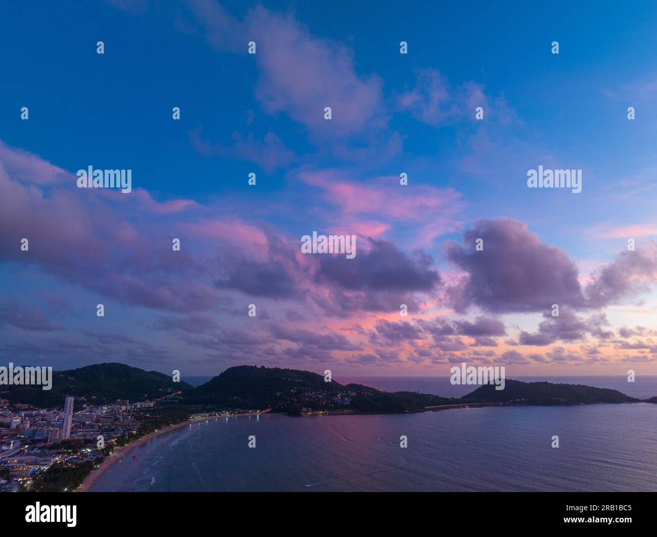 Aerial view of a building in Patong city at twilight. scene romantic ...