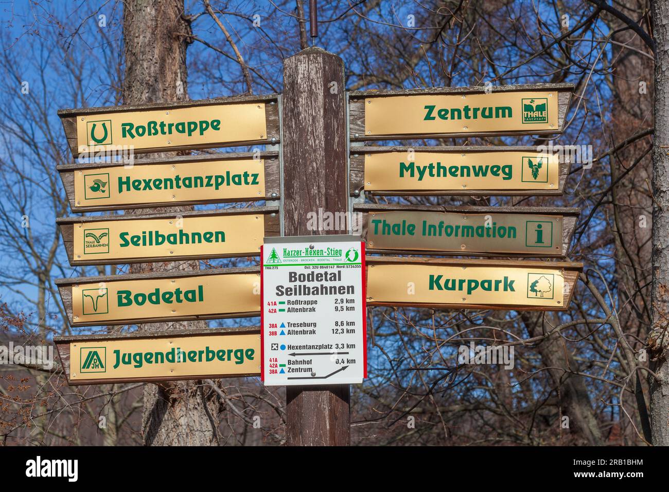 Signpost for hiking trails in the Bodetal, Thale, Harz, Saxony-Anhalt ...