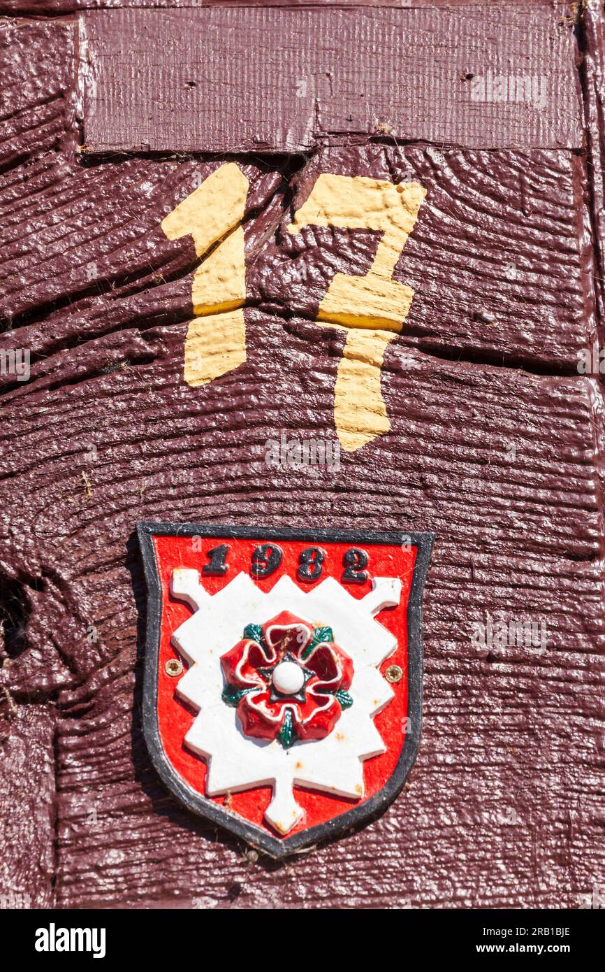 Beam with house number on a half timbered house hi-res stock ...