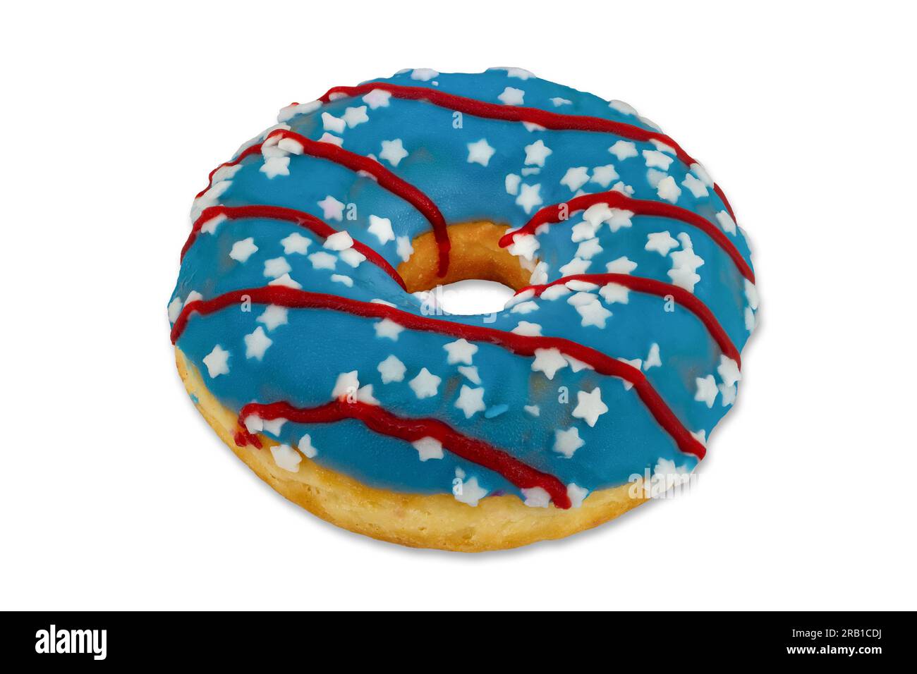 Tasty white stars and red stripes on blue icing donut on white ...