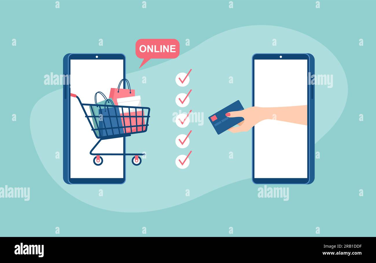 Online shopping concept. Smartphones with shopping cart full of purchases and female hand with ...