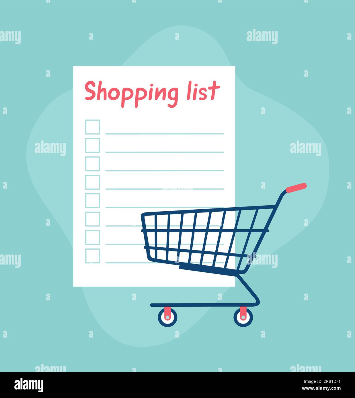 Big shopping list and shopping cart on a green turquoise background ...