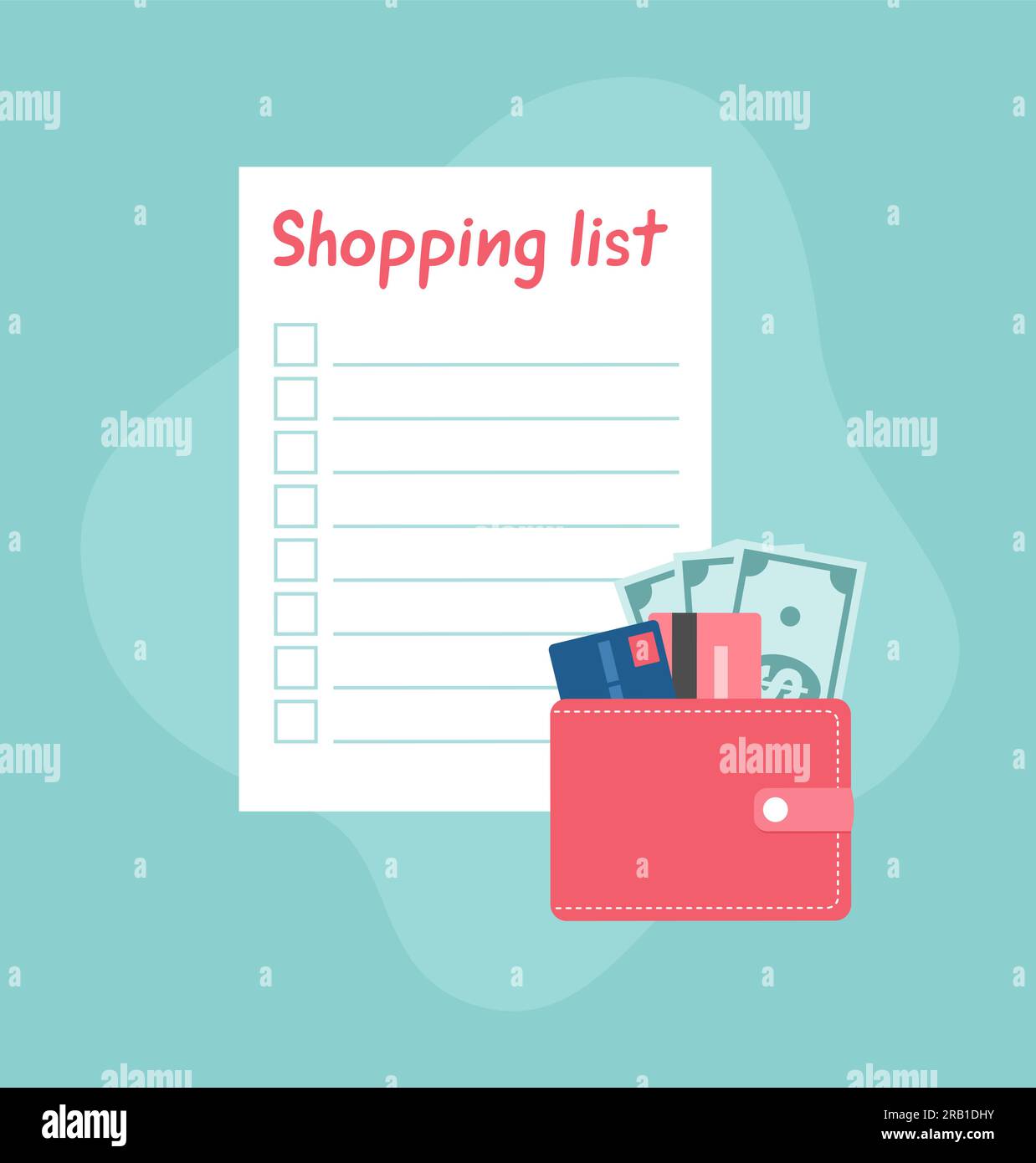 Shopping list and wallet with cards and cash on a green turquoise ...