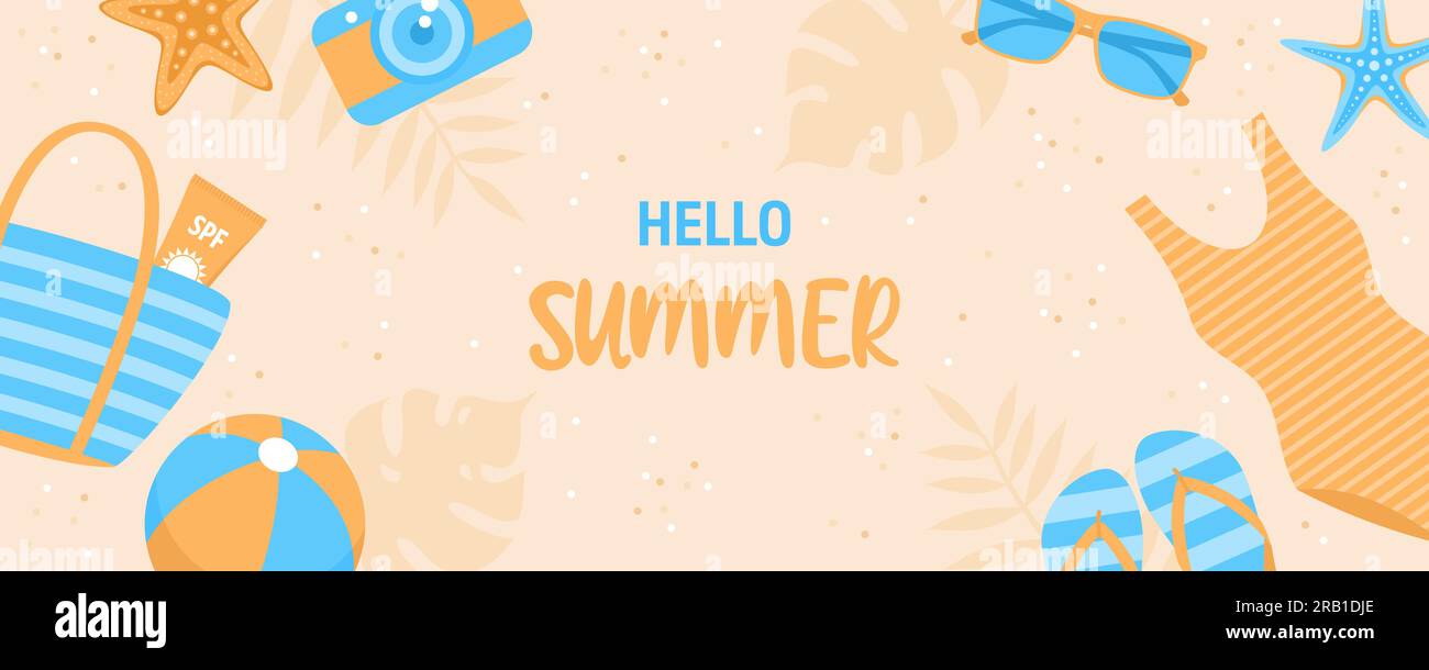 Summer banner with beach items frame on sand background. Vector ...