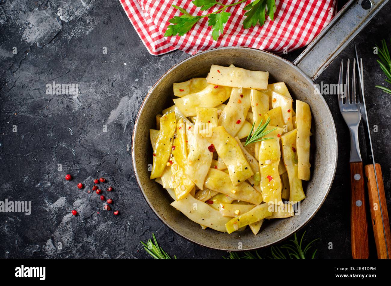 Cooked Yellow Beans, Long Beans in a Skiller over Dark Background ...