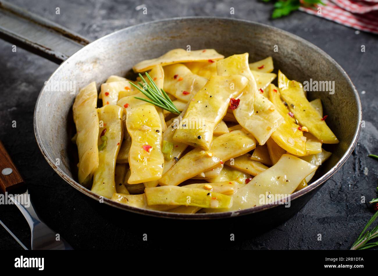 Cooked Yellow Beans, Long Beans in a Skiller over Dark Background ...