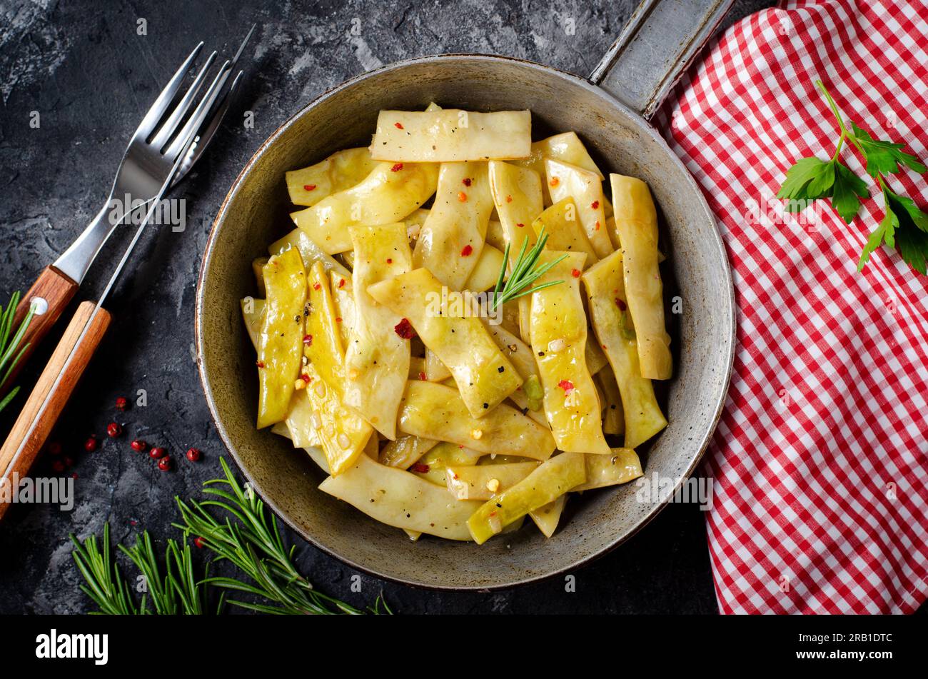 Cooked Yellow Beans, Long Beans in a Skiller over Dark Background ...