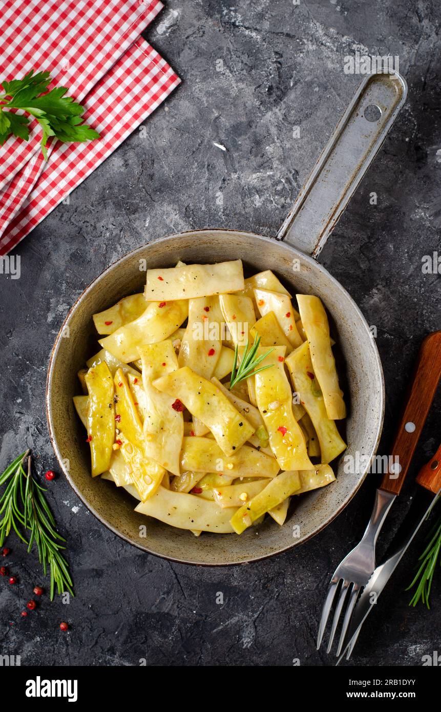 Cooked Yellow Beans, Long Beans in a Skiller over Dark Background ...