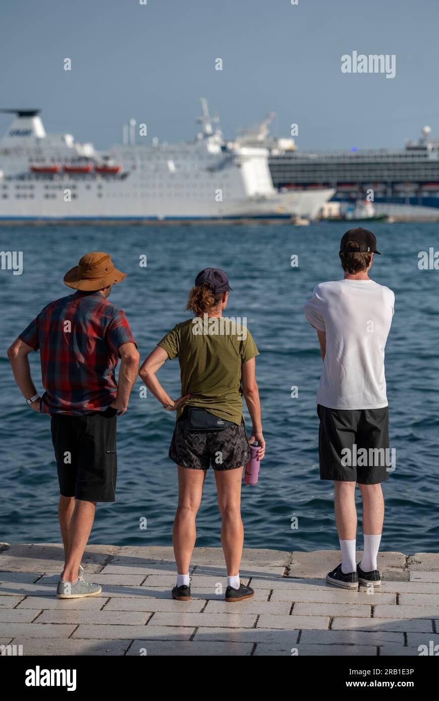 family on holiday together looking out over the port and harbour in ...