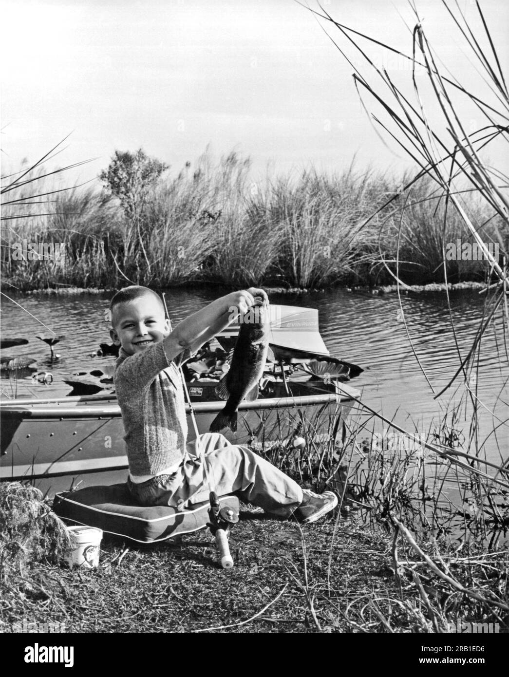 United States: c. 1954. A young boy proudly holds up his first bass so ...
