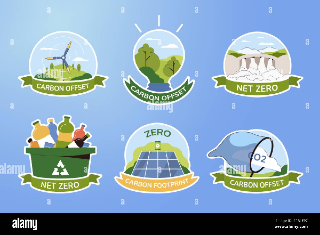 Set icons of net zero and carbon footprint. Sustainable development stickers. Green energy ...