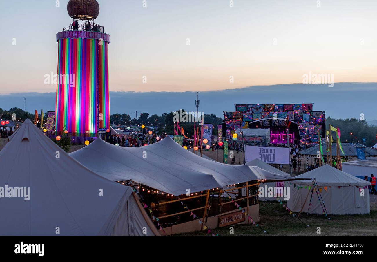 Ribbon Tower Glastonbury Festival at Night Pilton UK Stock Photo - Alamy