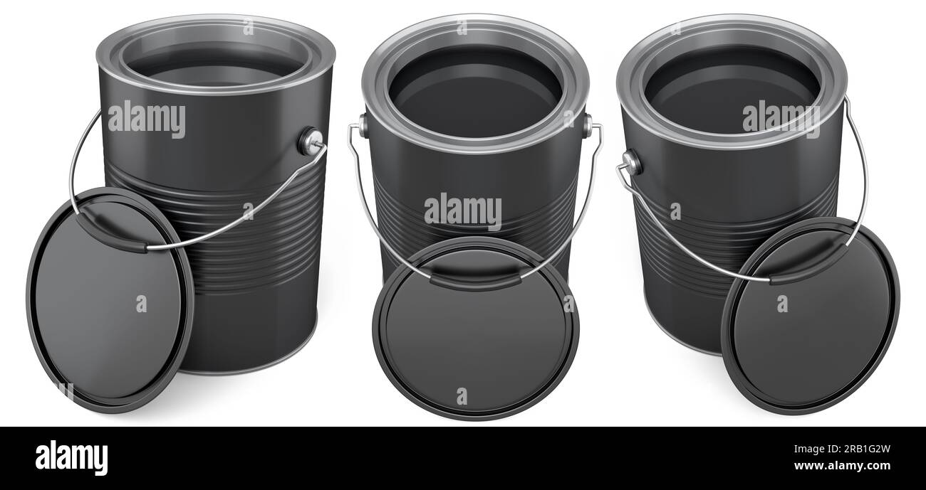 Set of metal cans or buckets of paint with handle on white background ...