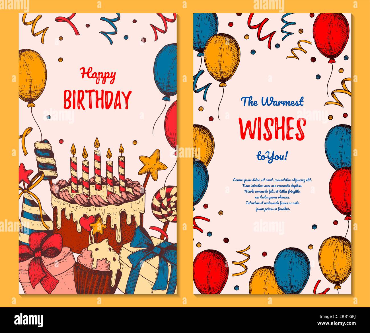 Two sides Brthday vertical greeting card. Poster with hand drawn ...
