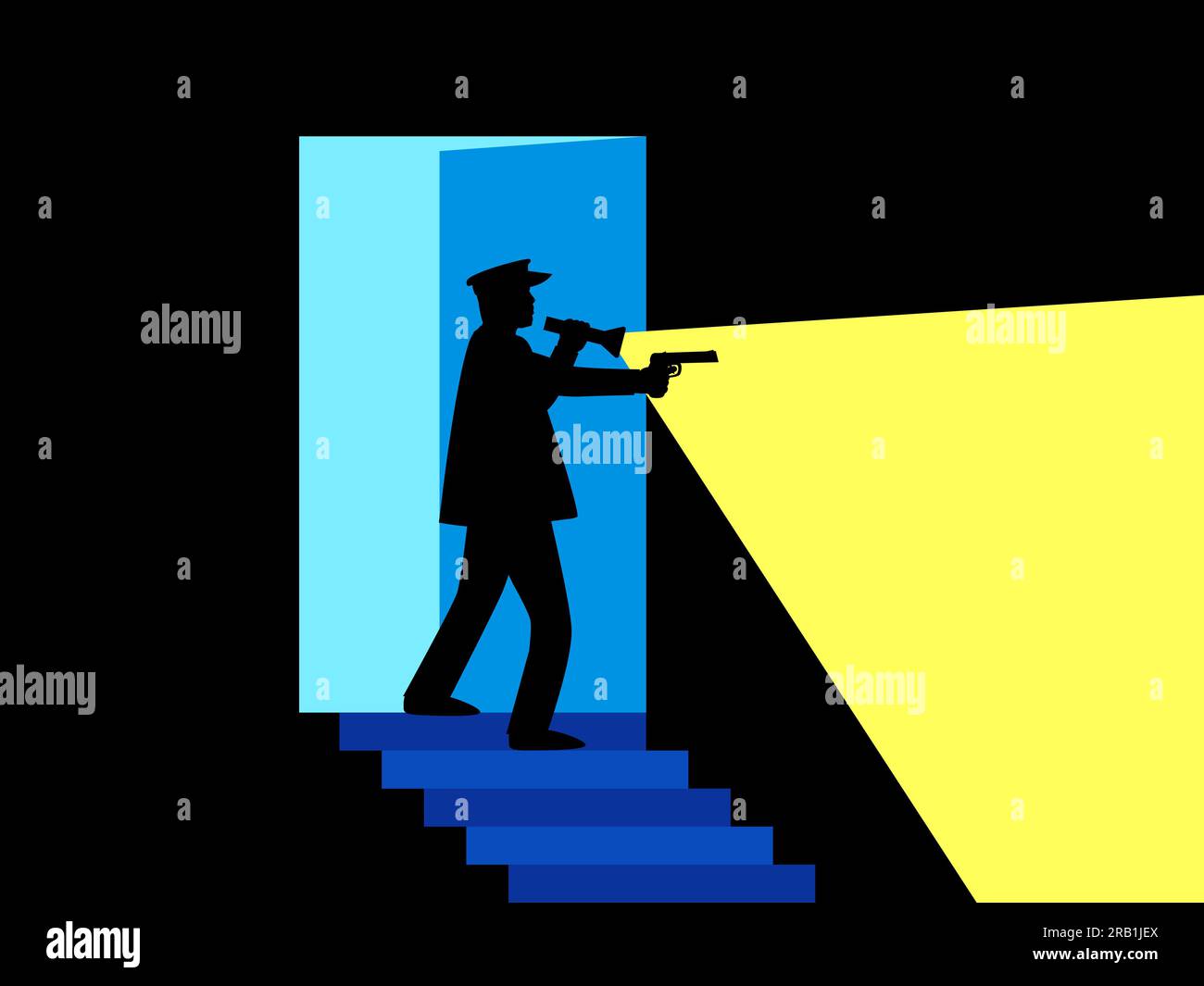 A policeman with a pistol and a flashlight on the steps. Open door with ...