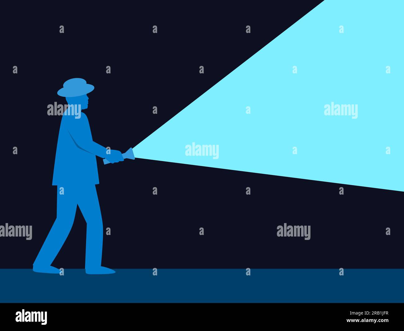 Man shines a flashlight. A male silhouette in a hat holds a flashlight ...