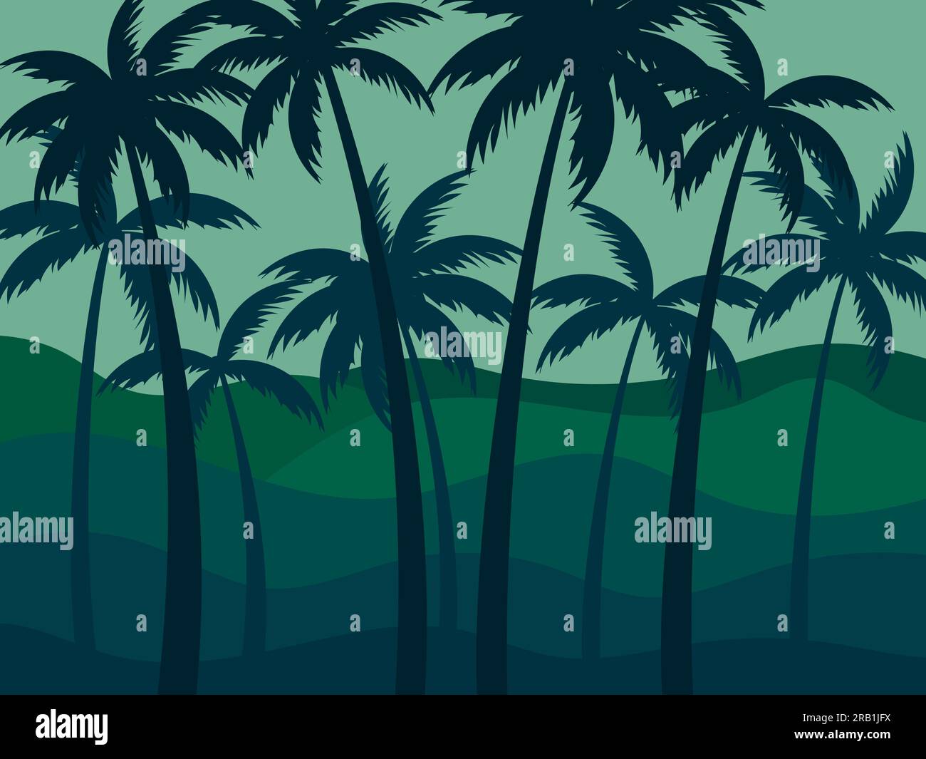 Tropical palm forest. Palm trees in the foreground and background. Wavy ...