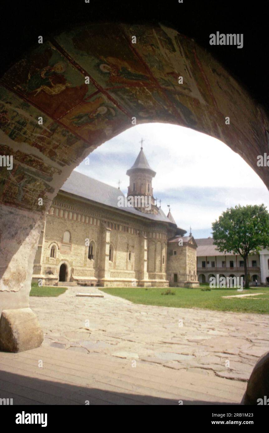 Neamt County, Romania, 1999. Exterior view of Neamt Monastery, a ...