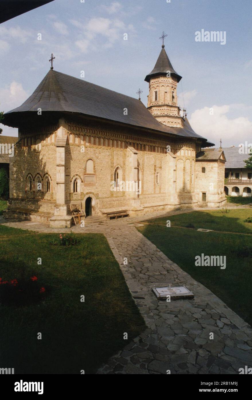 Neamt County, Romania, 1999. Exterior view of Neamt Monastery, a ...