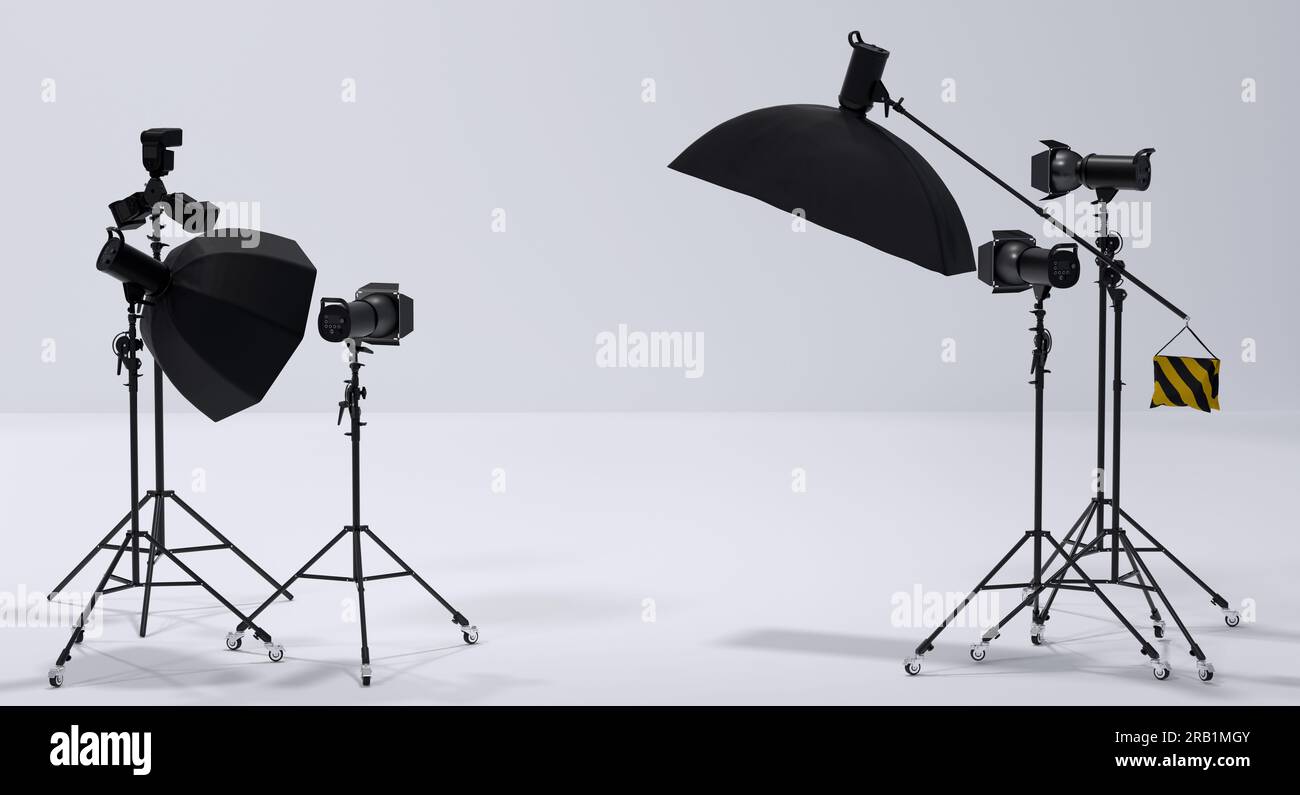 Photography studio flash on a lighting stand isolated on white ...