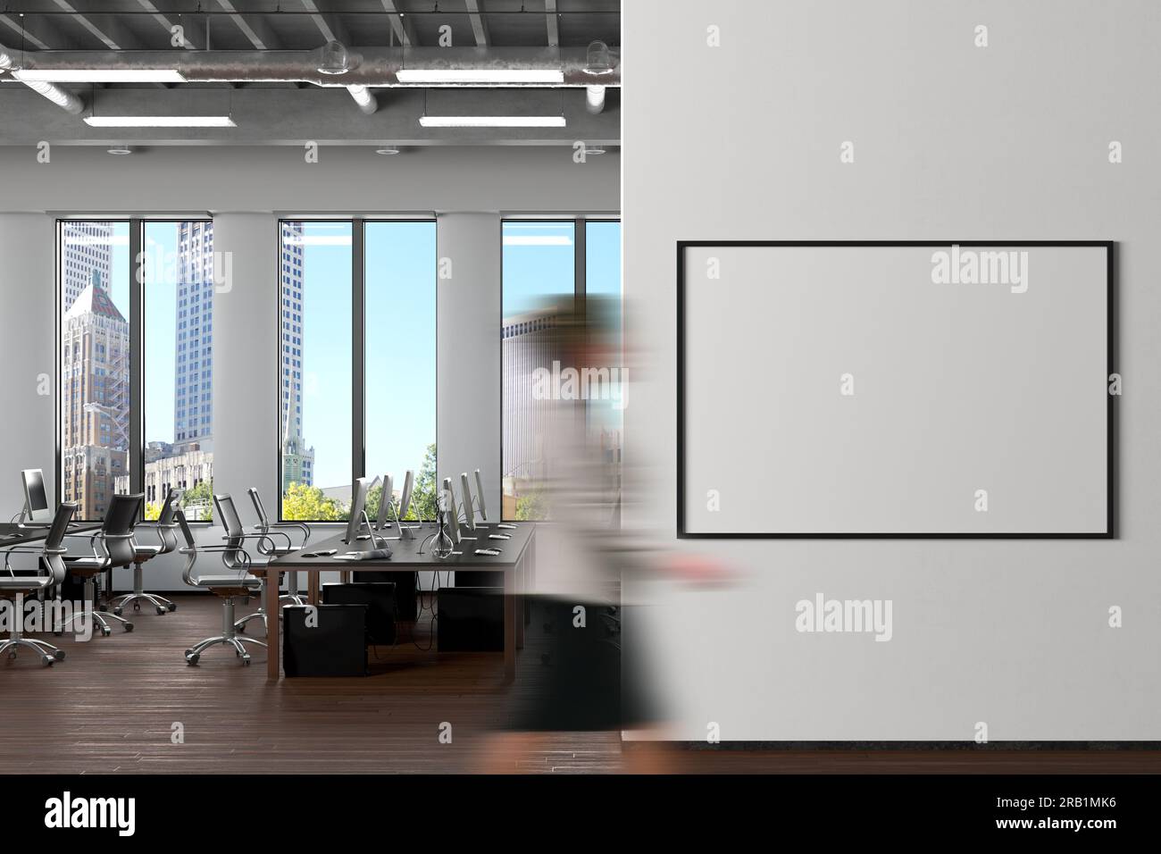 Blank horizontal poster mock up on the white wall in office interior ...