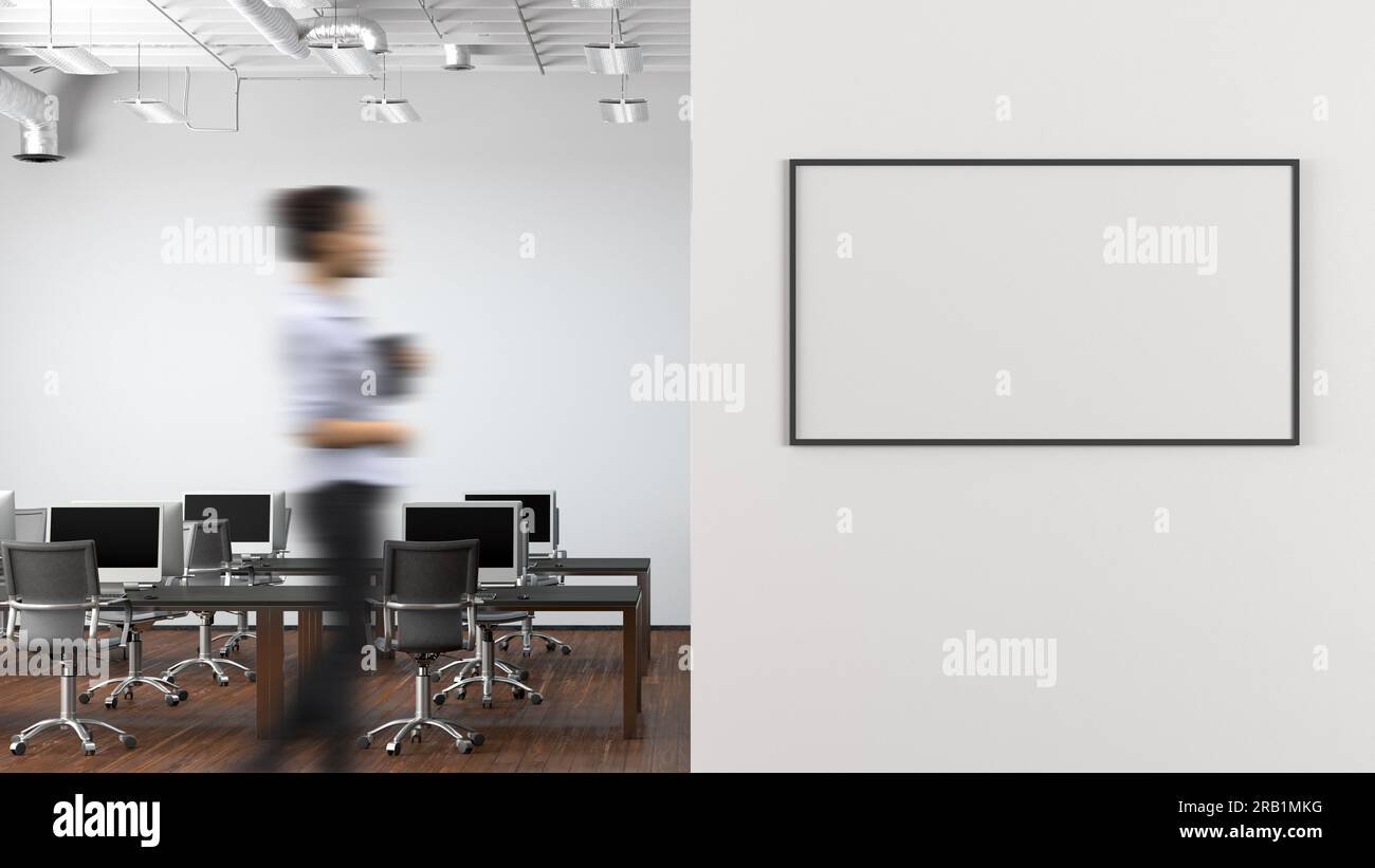 Blank horizontal poster mock up on the wall of modern office interior ...