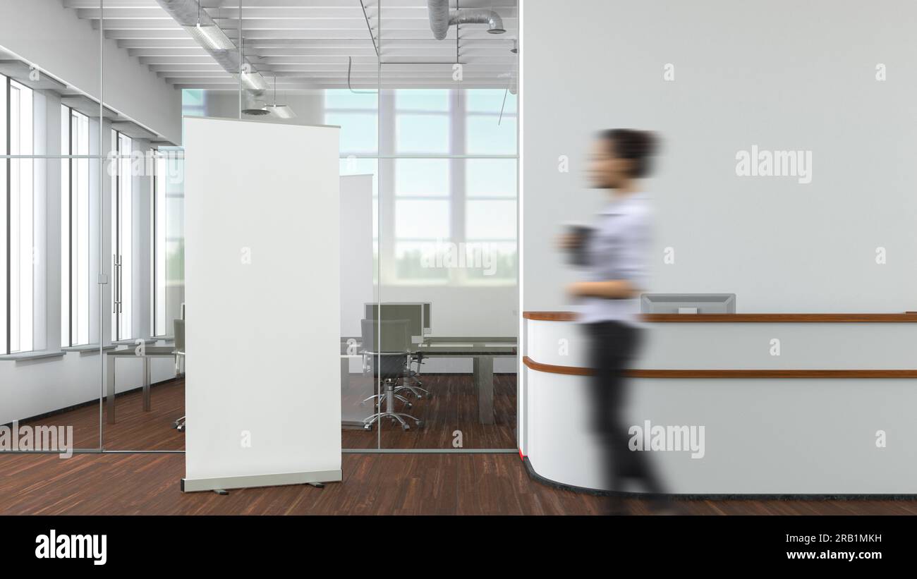Blank roll up banner stand mock up in modern office with office ...