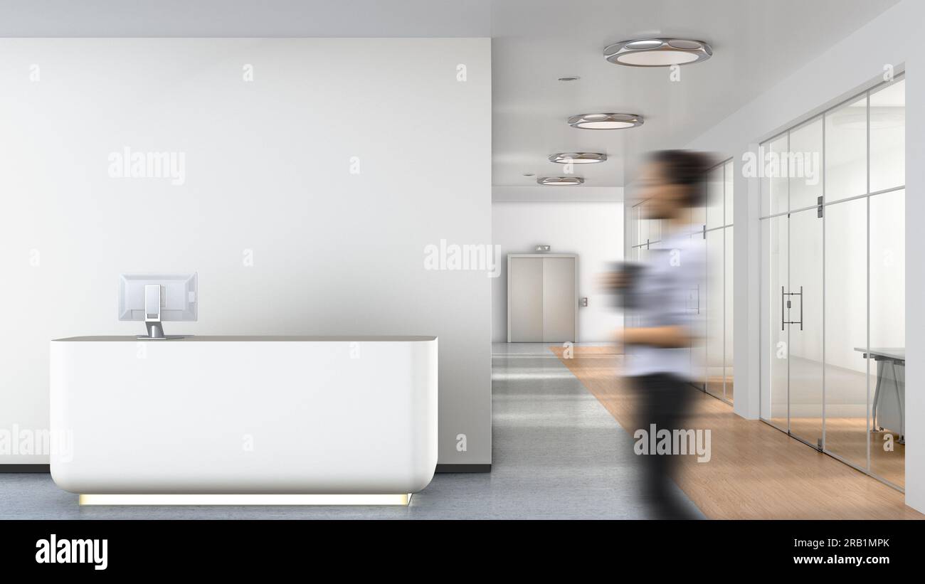 Reception desk in interior of empty business office lobby Stock Photo ...