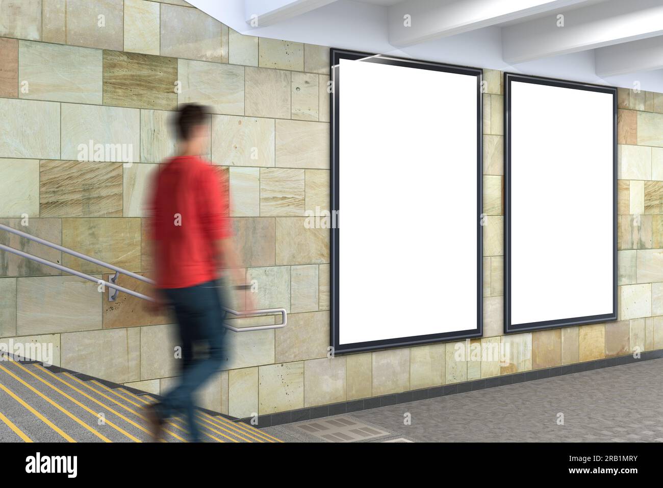Two blank vertical advertising billboards mockup underground with ...
