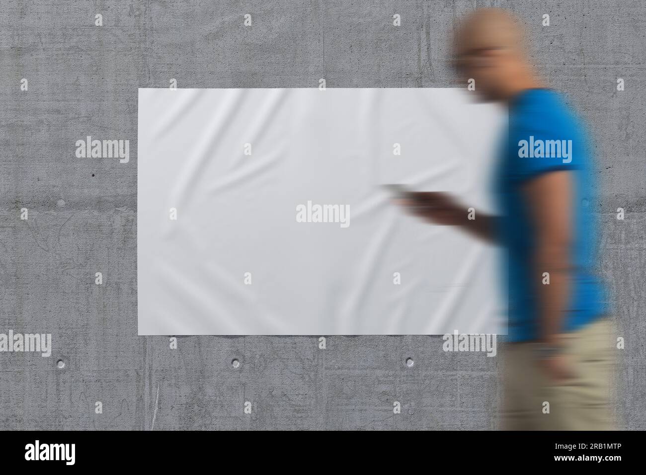 Blank horizontal wrinkled street poster on concrete wall. With clipping ...