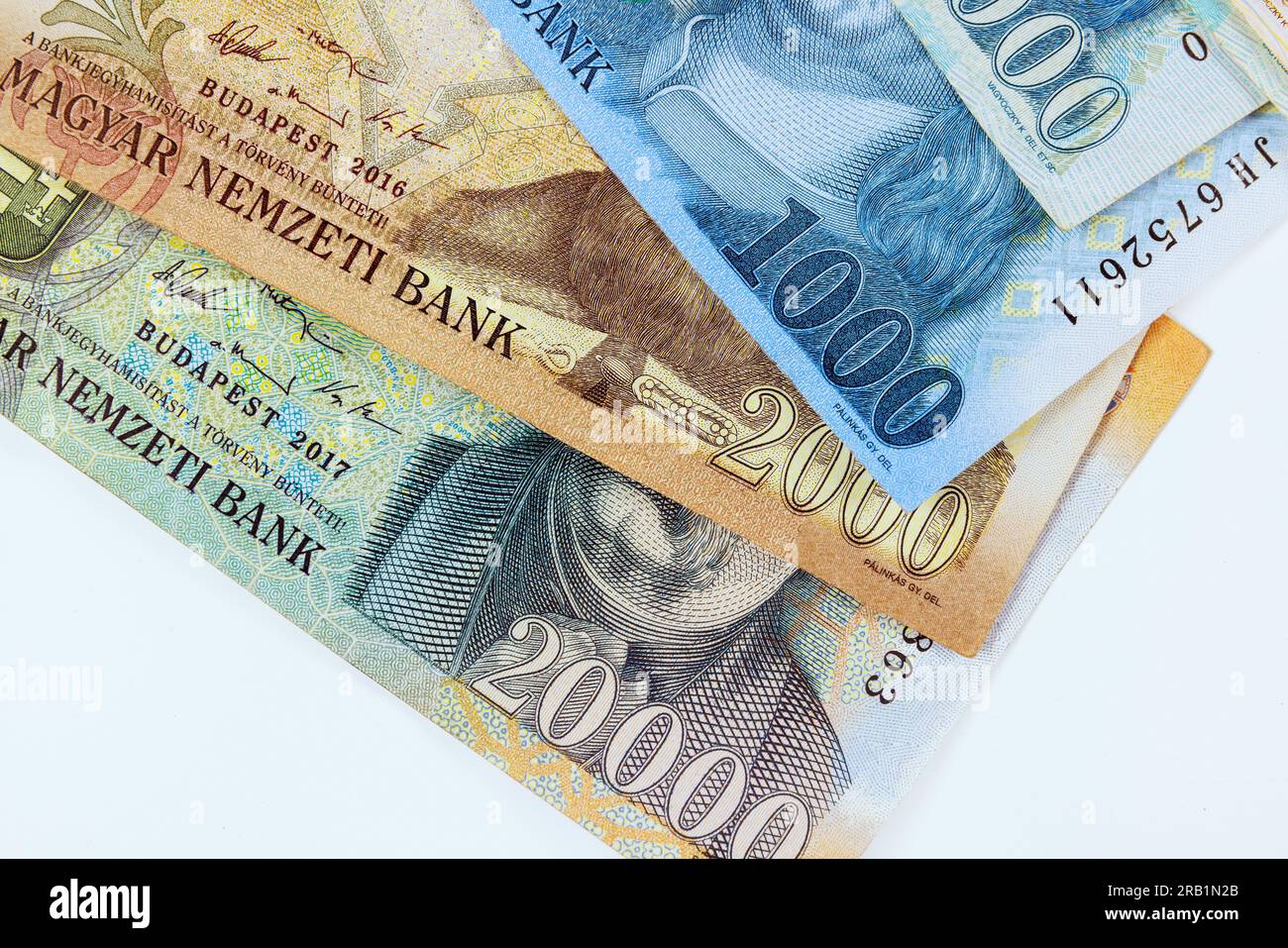 Hungarian cash forints, featuring notes of different denominations face ...