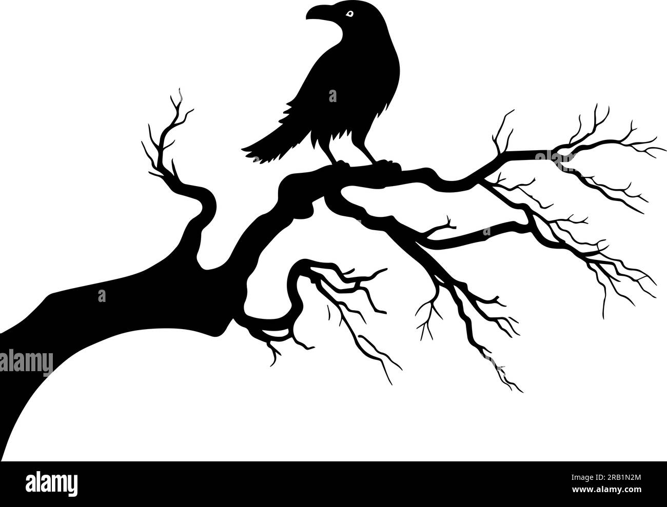 Raven on a branch of dry tree Silhouette. design element for Halloween ...