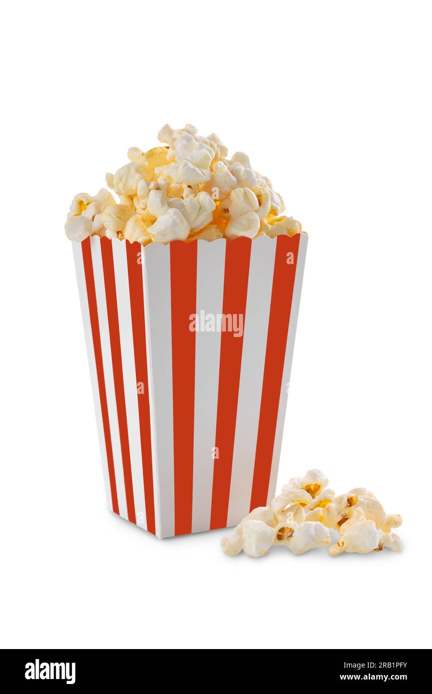 Red white striped carton bucket with tasty cheese popcorn, isolated on ...