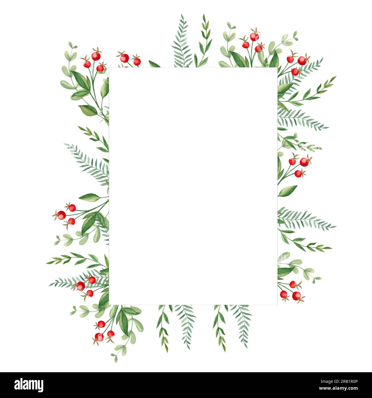 Watercolor forest frame with fern, green branches and red berries ...