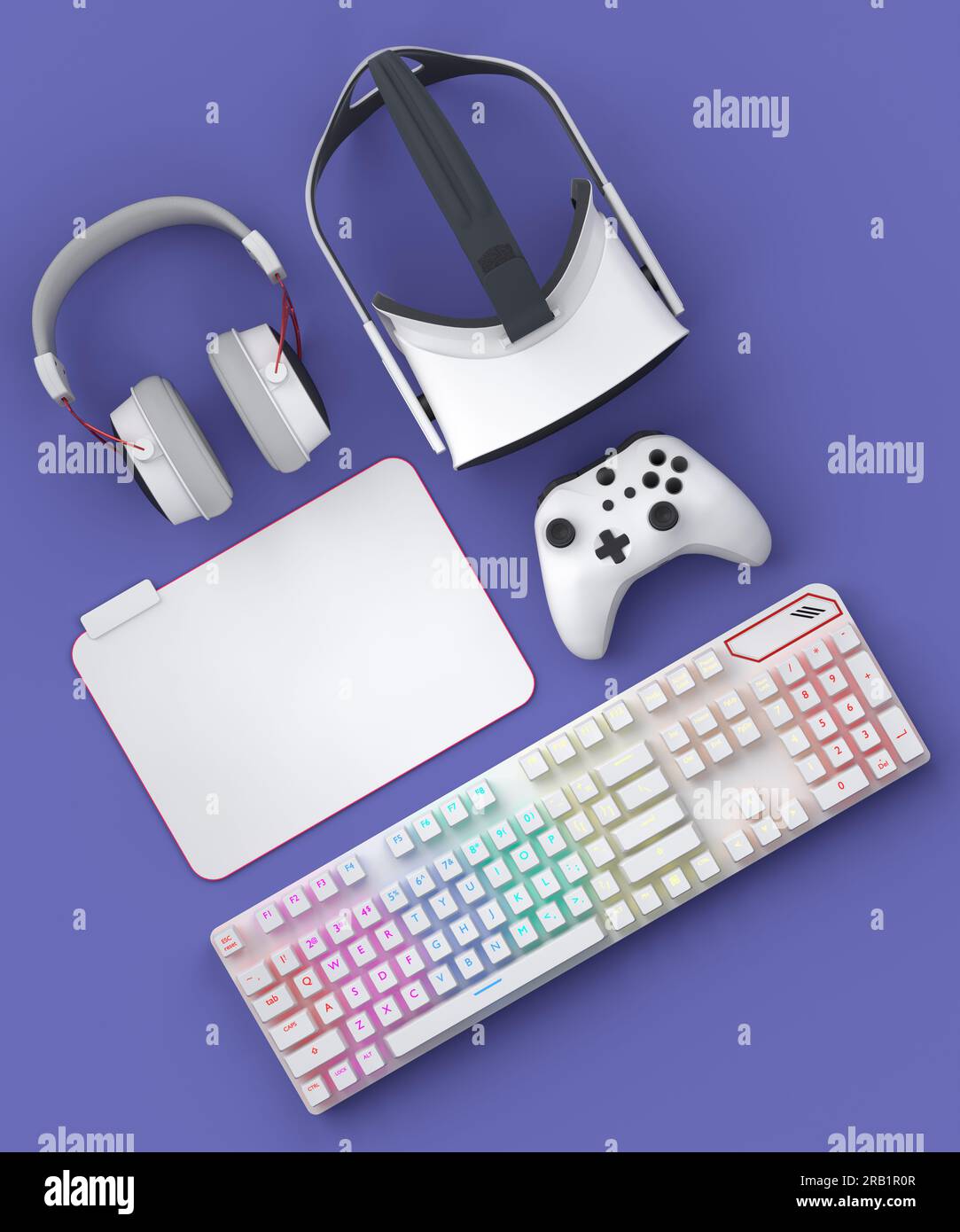 Top view gamer gears like mouse, keyboard, joystick, headphones and VR ...