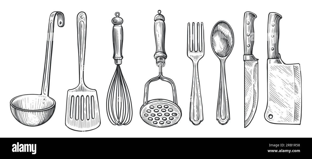 Set of kitchen tools for cooking. Sketch vintage vector illustration ...