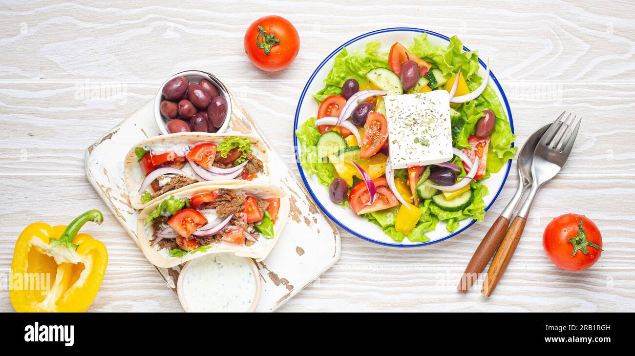Traditional Greek Food: Greek Salad, Gyros with meat and vegetables ...