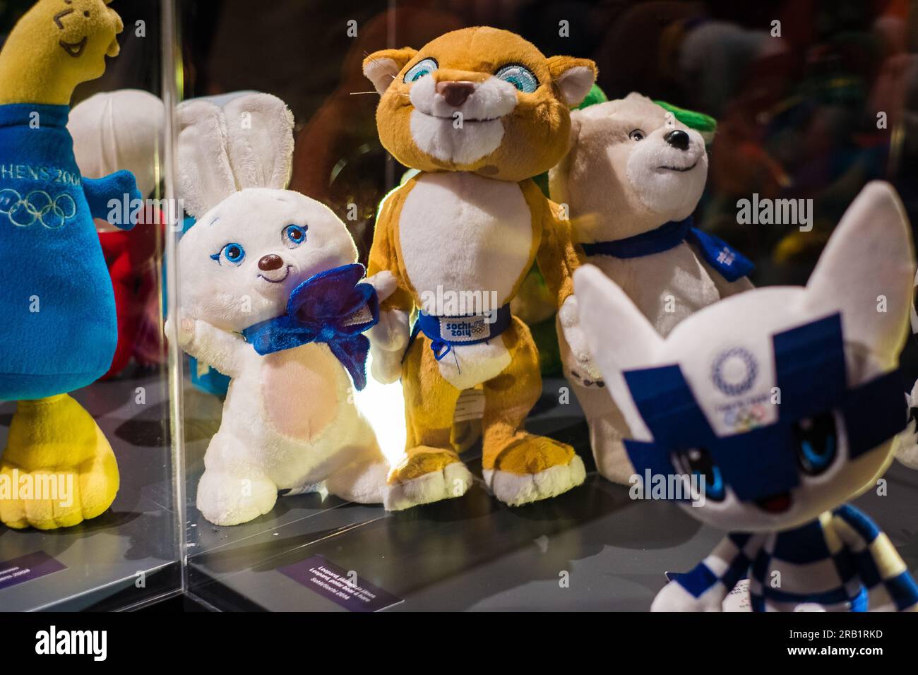 Tartu, Estonia - June 10, 2023: Olympic mascot dolls Leopard, Hare and ...