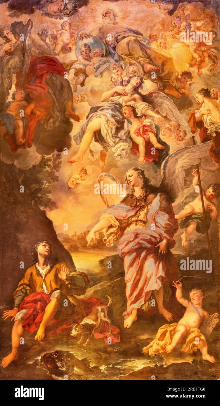 NAPLES, ITALY - APRIL 21, 2023: The painting of Archangel Raphael and Thobias in the church ...