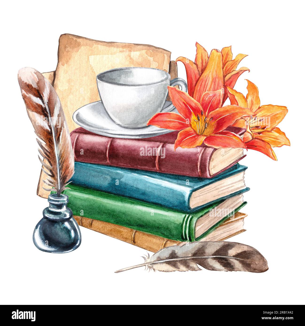 Stack of books with flowers. Watercolor hand drawn illustration of a ...