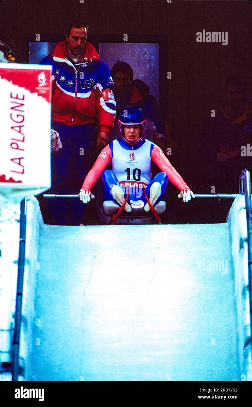 Cammy Myler (USA) during Women's singles luge competition at the 1992 ...