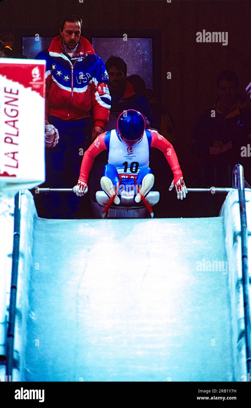 Cammy Myler (USA) during Women's singles luge competition at the 1992 ...