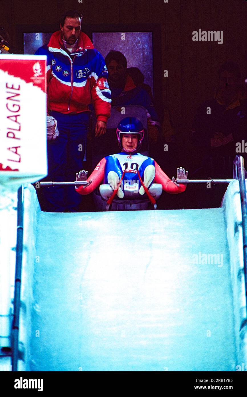 Cammy Myler (USA) during Women's singles luge competition at the 1992 ...