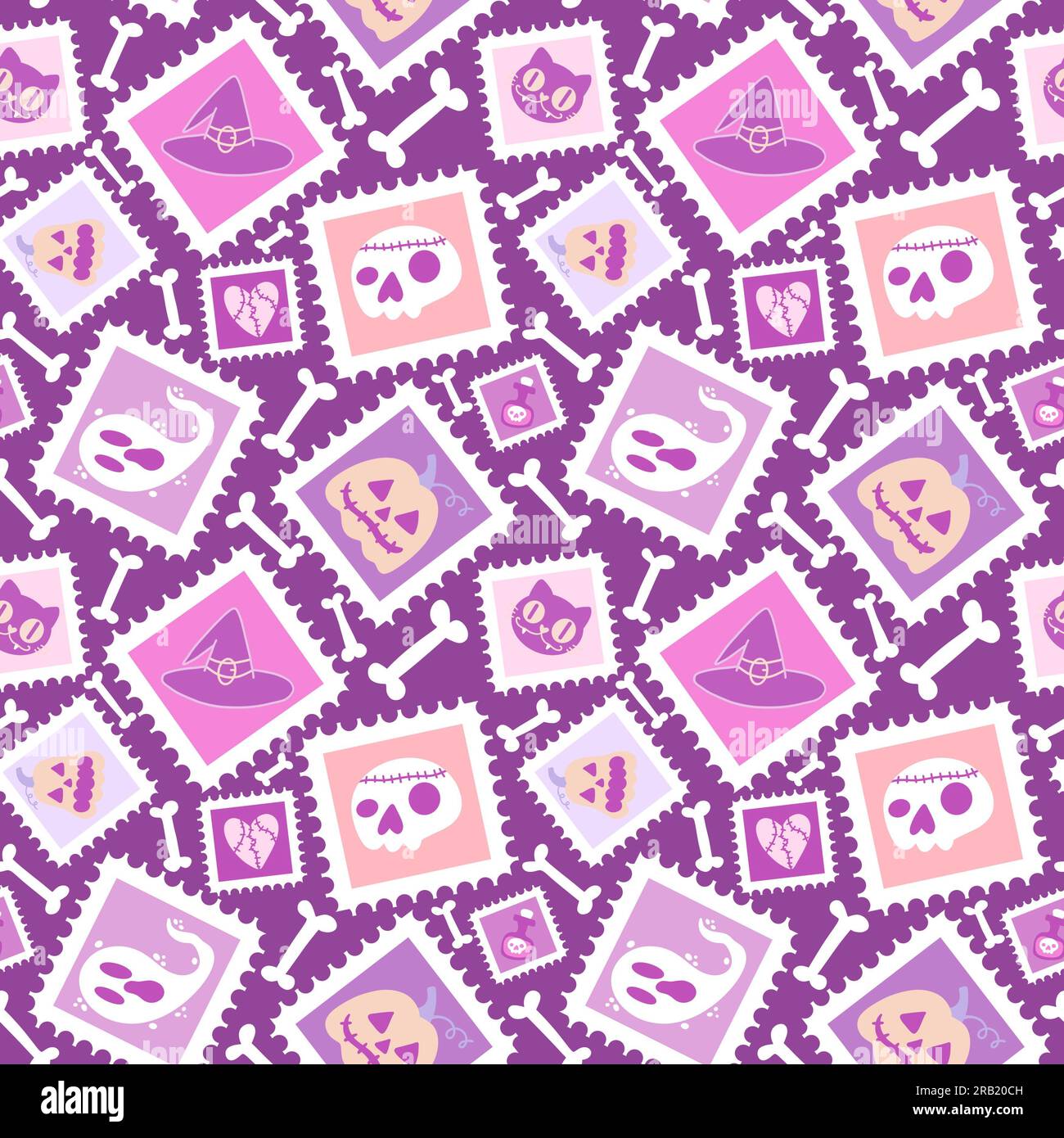 Postage stamps cartoon seamless Halloween pumpkins and ghost and poison ...