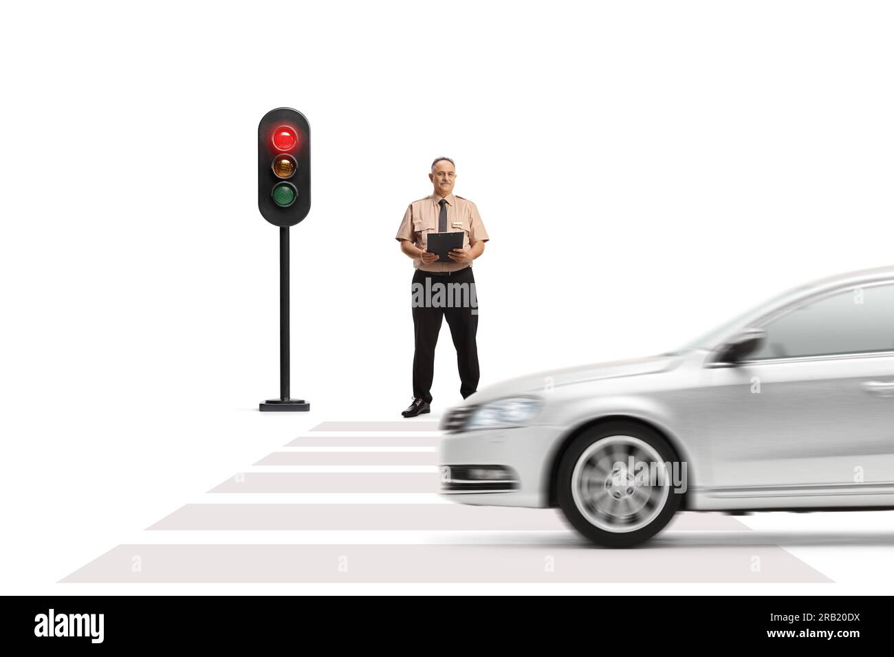 Security guard standing at traffic lights isolated on white background ...