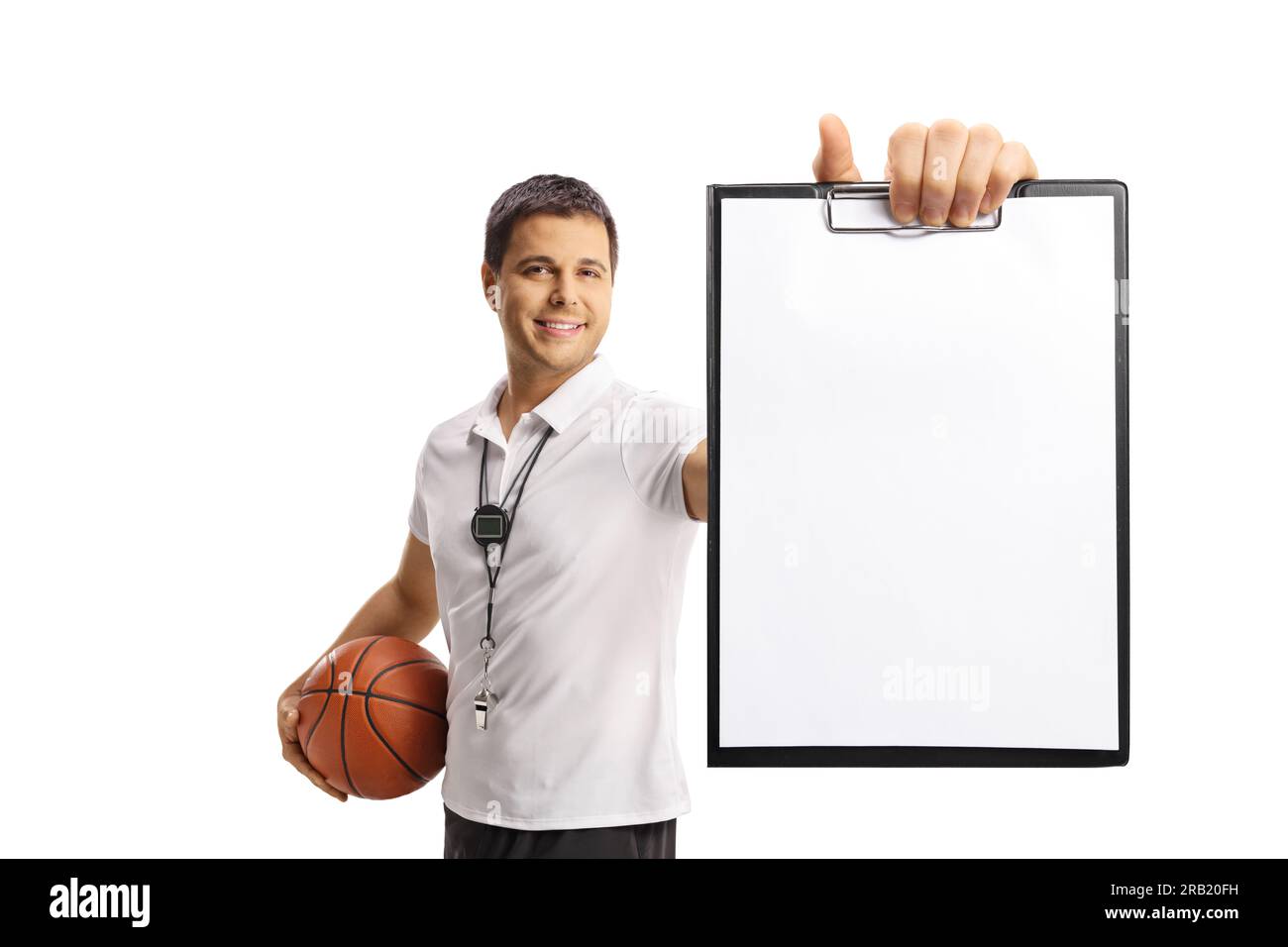 Basketball coach holding a ball and showing a paper document isolated ...