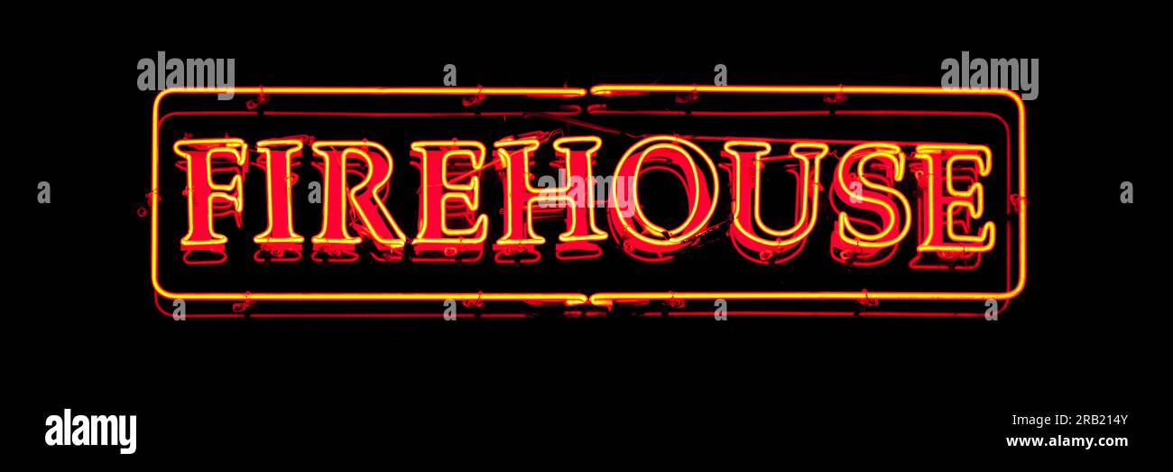 A rectangle neon light with written inside the word “Firehouse” Stock ...