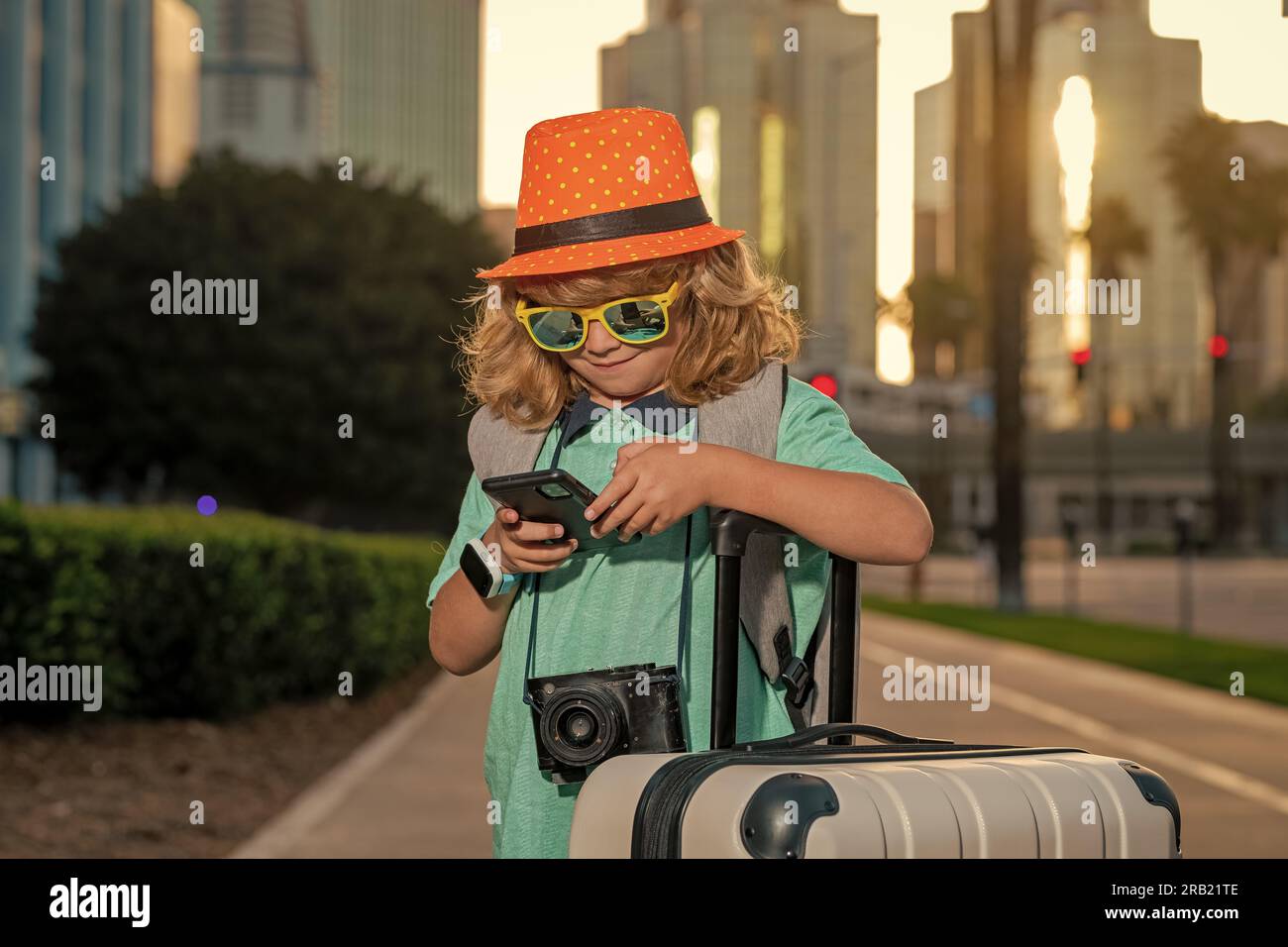 Traveler tourist kid boy 7-8 years old. Passenger traveling abroad to ...